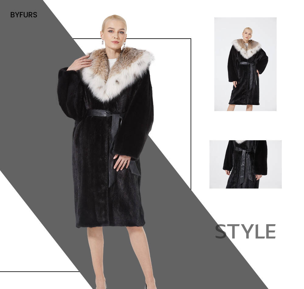 Knee Length Real Mink Fur Coat Female Black with Lynx Shawl Hat
